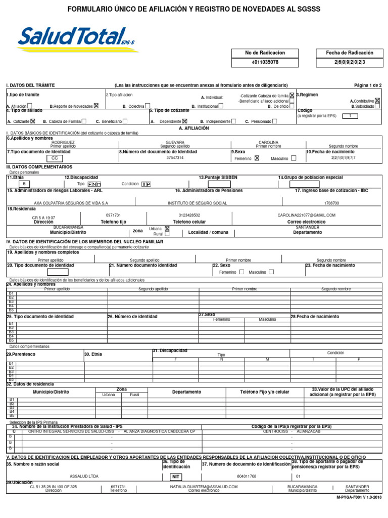 Formulario de Afiliación Salud Total | PDF | Documento de identidad