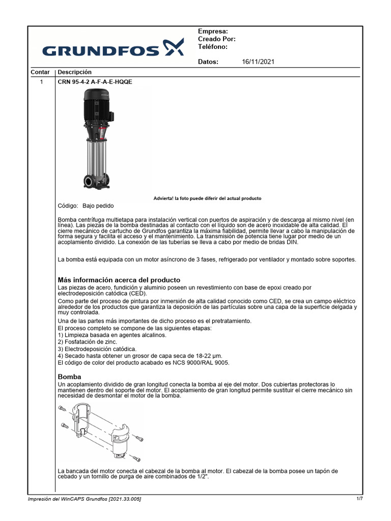 Ficha Tecnica de Bomba Grundfos CRN95-4-2 | PDF | Bomba | Acero