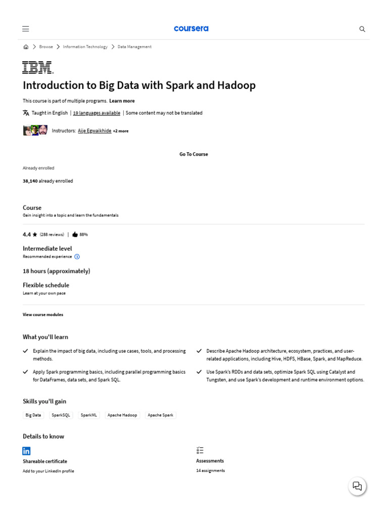 B2. Introduction To Big Data With Spark and Hadoop - Coursera | PDF | Apache Hadoop | Apache Spark