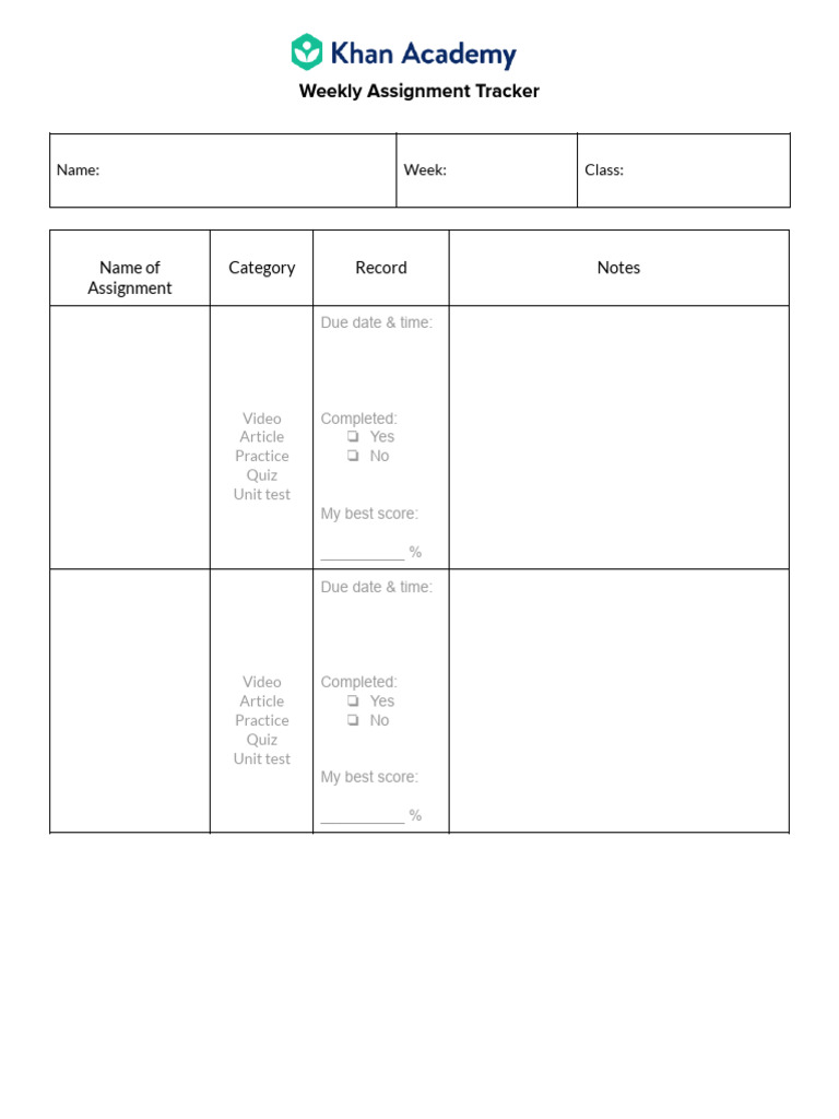 Weekly Assignment Tracker Template | PDF