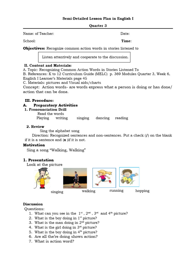 Grade 1 Action Words Lesson Plan | PDF | Lesson Plan | Teaching