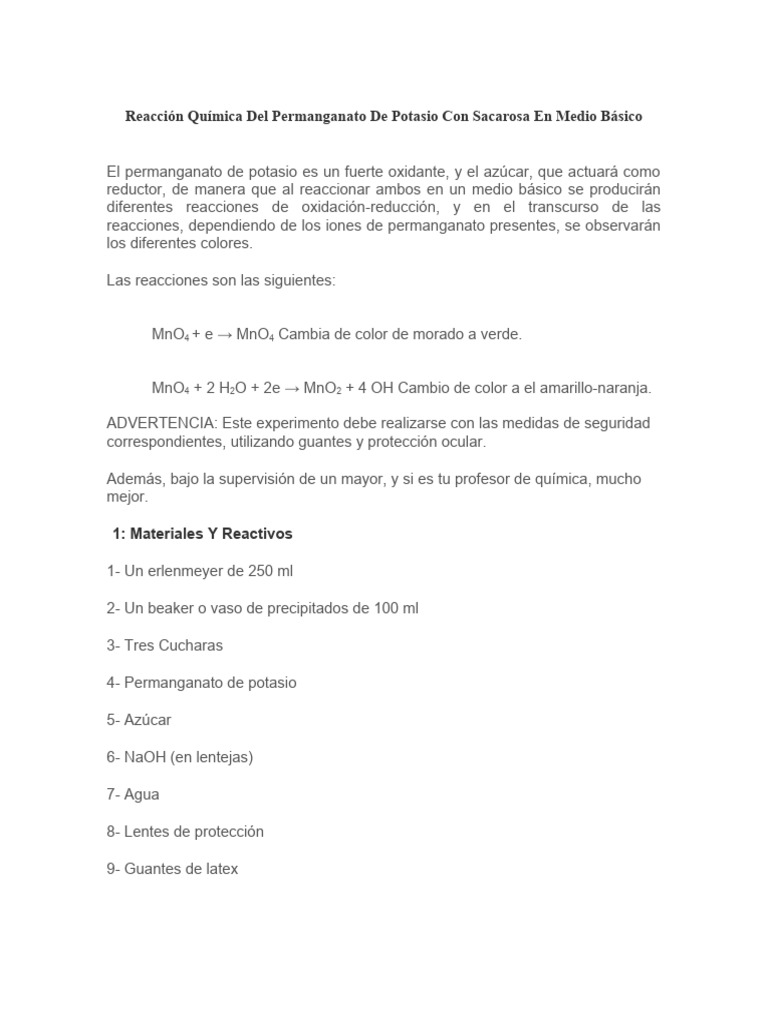 Reacción Química Del Permanganato de Potasio Con Sacarosa en Medio ... Reacción Química Del Permanganato de Potasio Con Sacarosa en Medio ...