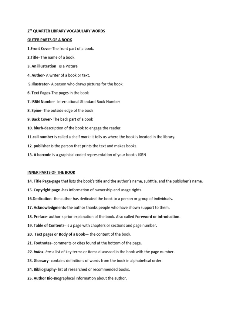 2nd QUARTER LIBRARY VOCABULARY WORDS | PDF | Books | Writing