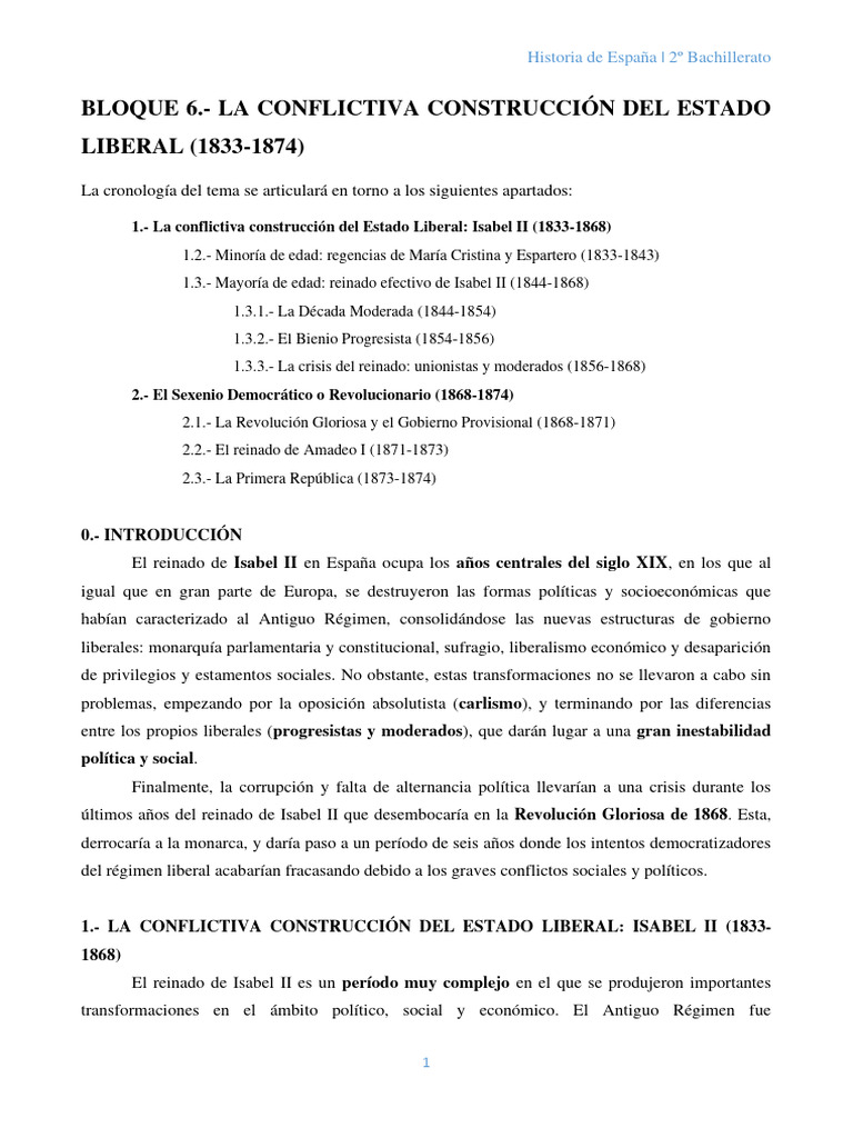 BLOQUE 6. - La Conflictiva Construcción Del Estado Liberal (1833-1874) | PDF | España | Gobierno ...