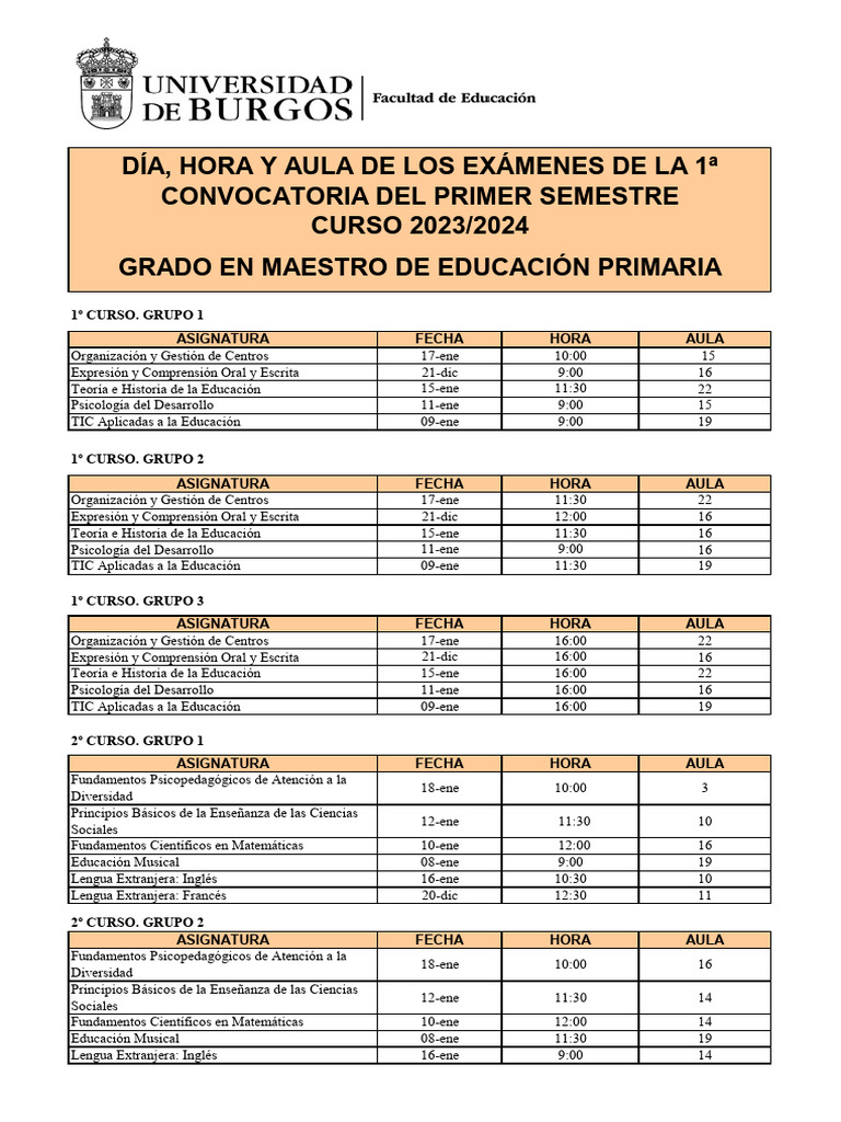 1 sem.exámenes 1ª convocatoria.Dia, hora y aula.23-24 PRIMARIA | PDF | Educación primaria ...