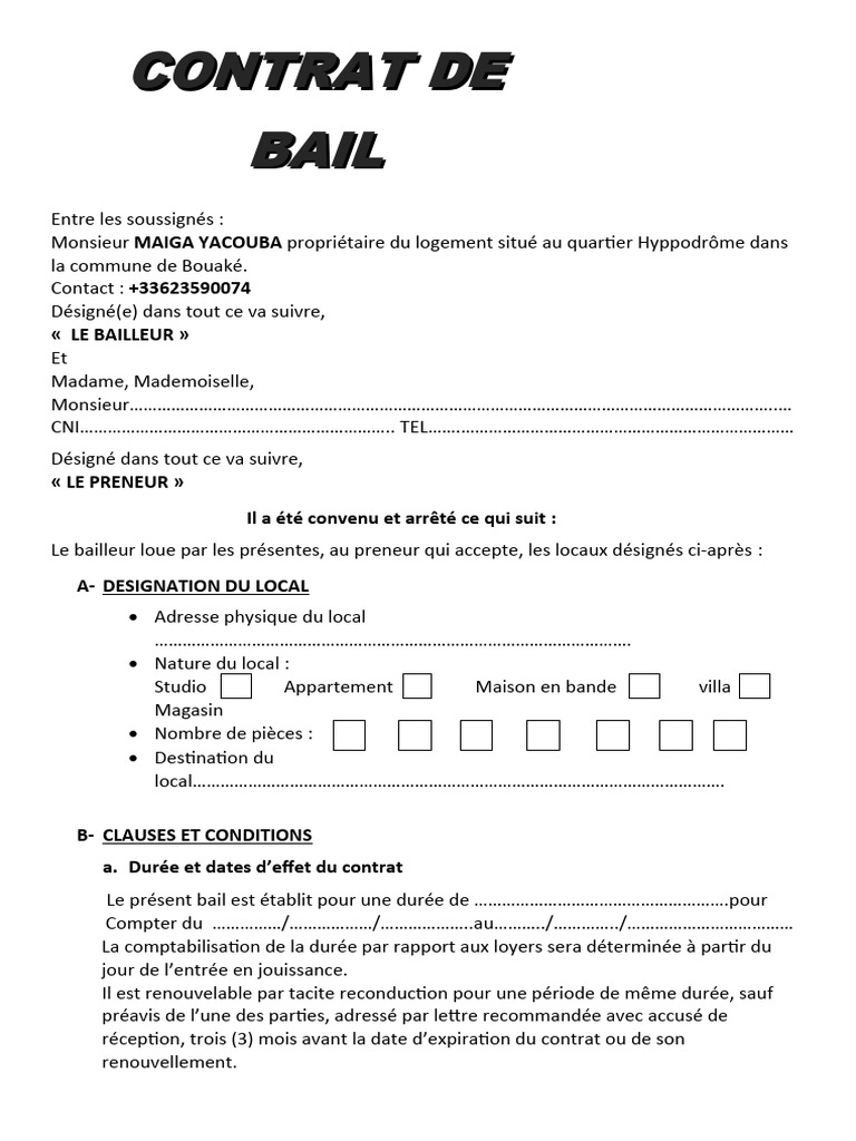 Contrat de Bail Loyer 2024 | PDF