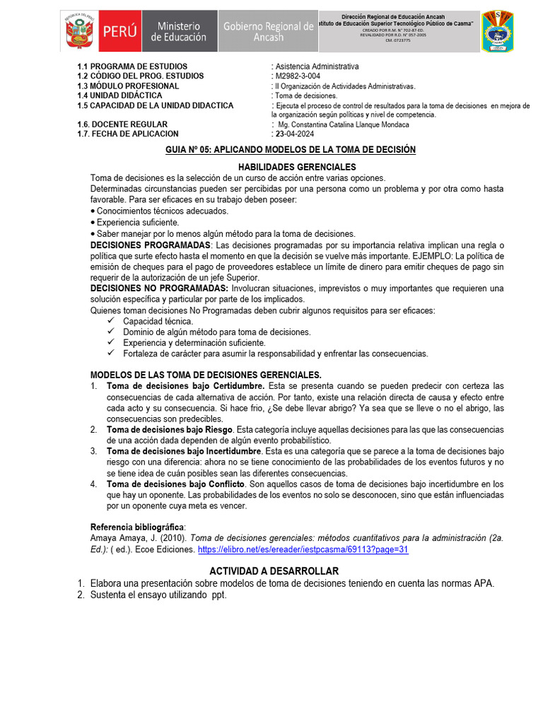 Guia #05 Aplicando Modelos de La Toma de Decisión | Descargar gratis ...