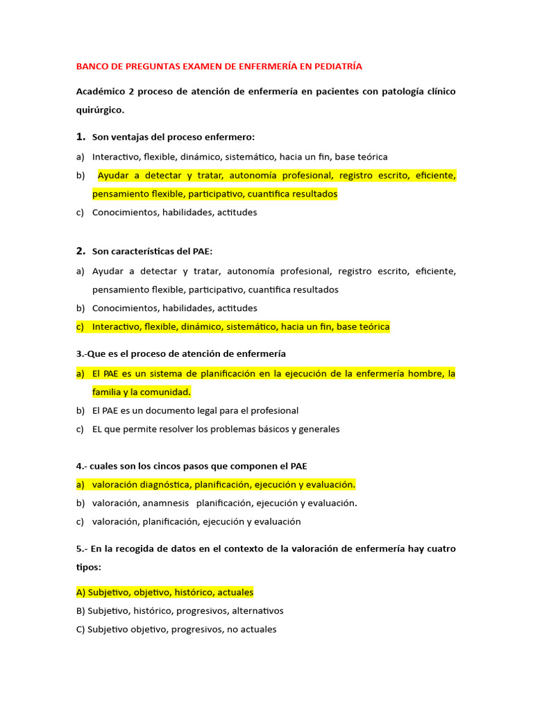 Banco de Preguntas Examen de Enfermería en Pediatría | Descargar gratis PDF | Sistema ...