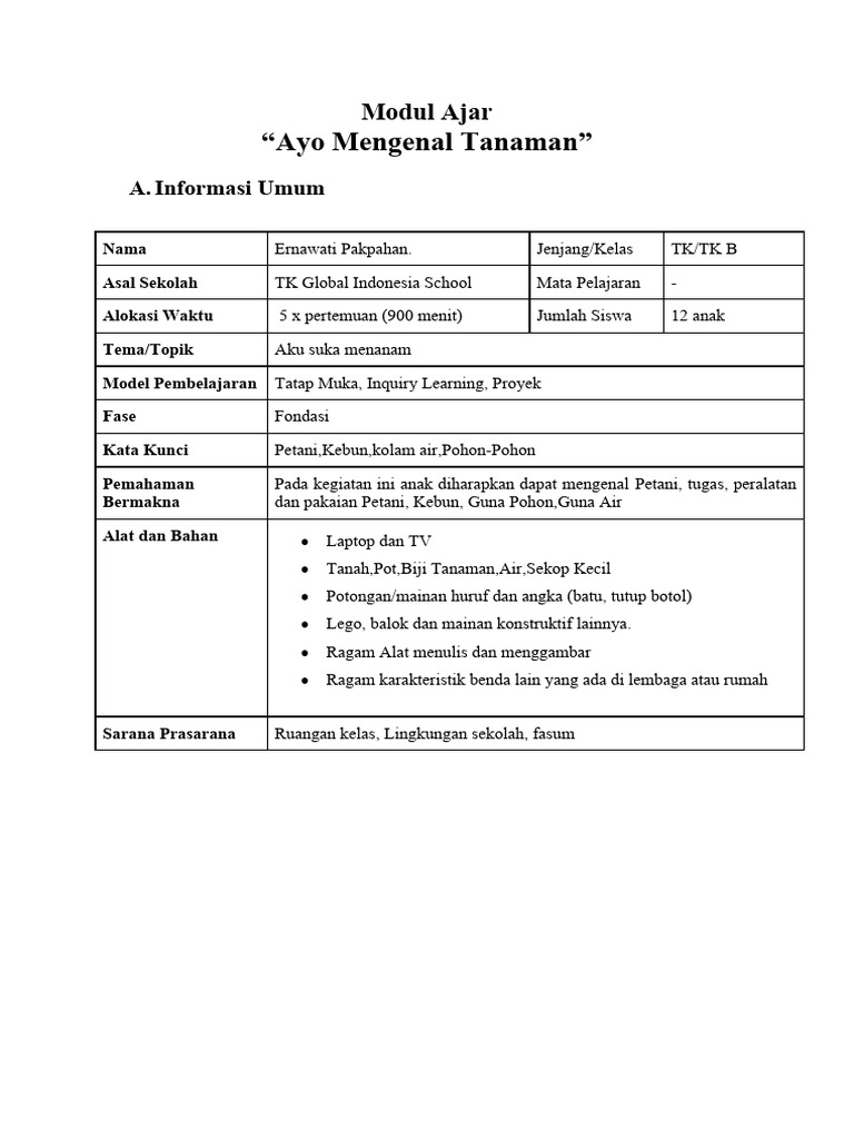 Modul Ajar Mengenal Tanaman TK | PDF
