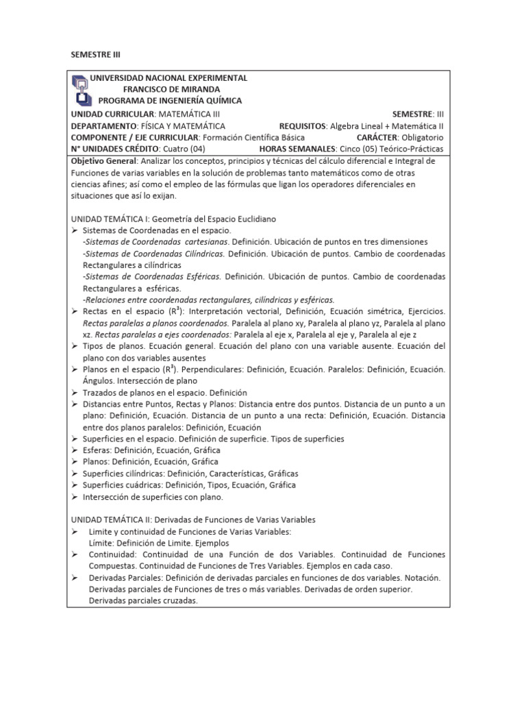 Unefm Programa Matematica Iii - Calculo Iii | PDF | Integral | Sistema coordinado