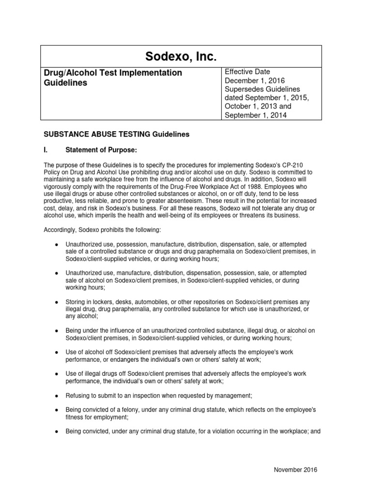 Sodexo Drug and Alcohol Testing Guidelines | PDF | Employment ...