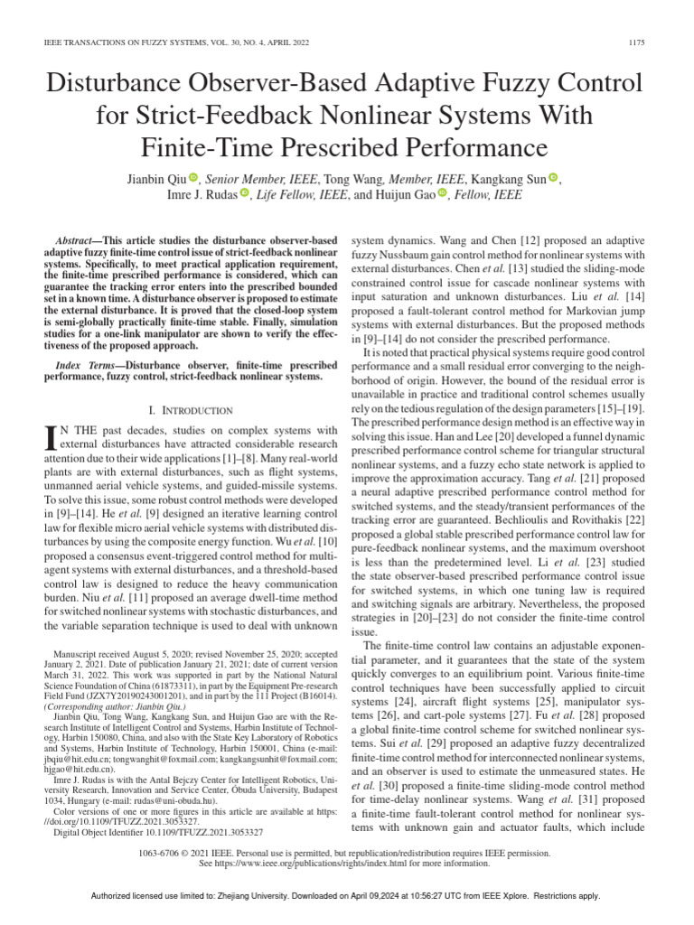 Disturbance Observer-Based Adaptive Fuzzy Control For Strict-Feedback Nonlinear | PDF | Applied ...