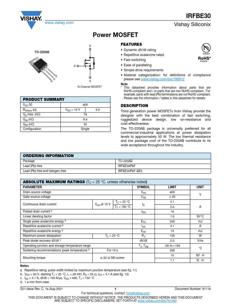 Irfbe30: Vishay Siliconix | PDF | Mosfet | Diode