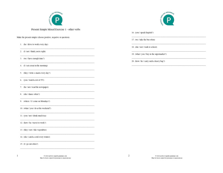Present Simple Form Mixed Exercise 1 Other Verbs | Download Free PDF ...