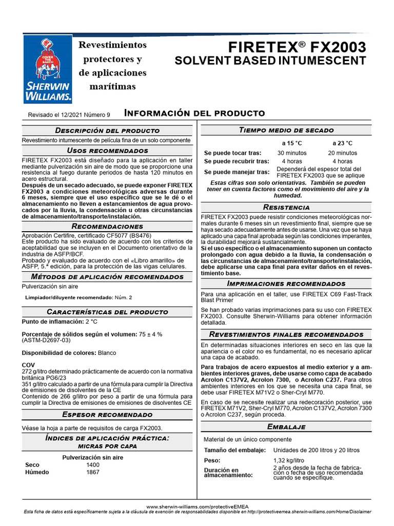 FT Firetex FX2003 | Descargar gratis PDF | Condensación | Revestimiento