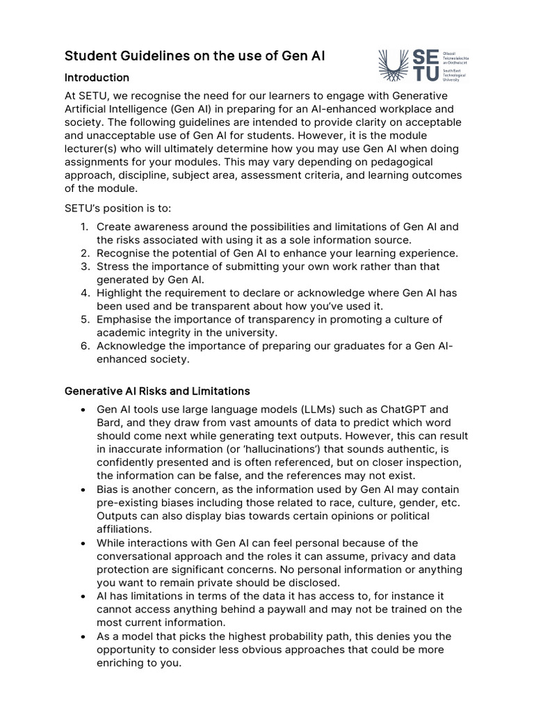 1 SETU Student Guidelines On The Use of Generative Artificial Intelligence | Download Free PDF ...