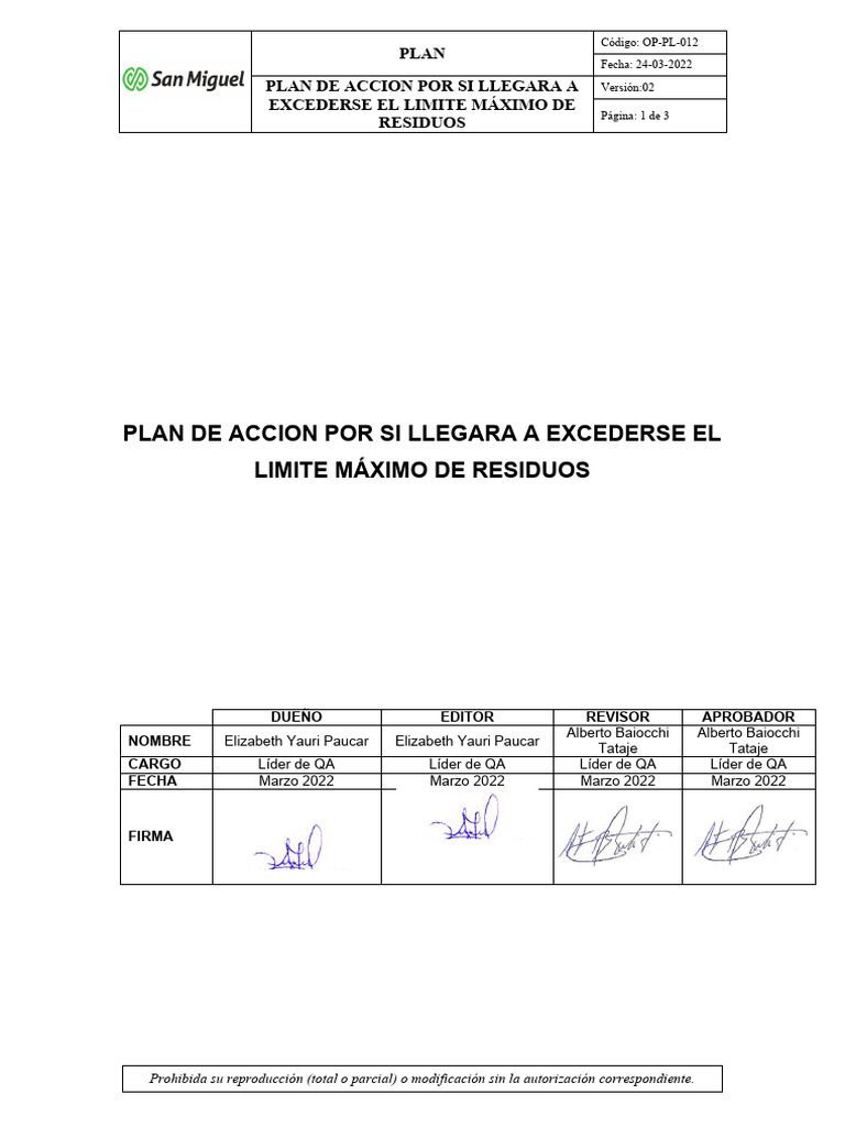 7.6.7 PLAN DE ACCION POR SI LLEGARA A EXCEDERSE EL LMR | PDF ...
