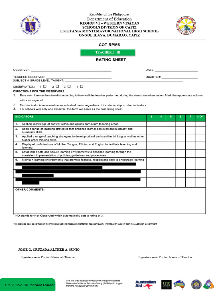 COT Blank | PDF | Teachers | Learning
