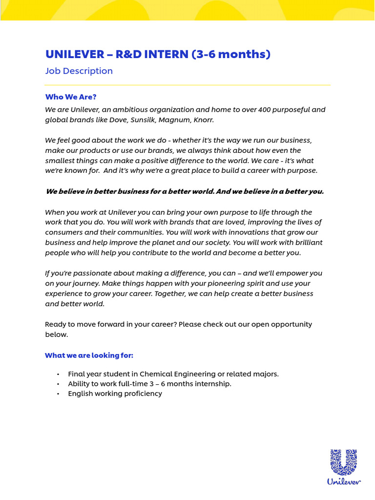 JD Unilever RD Intern | PDF | Unilever | Internship