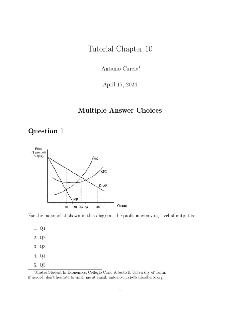 Tutorial Chapter 10 Solutions | PDF | Monopoly | Economic Equilibrium