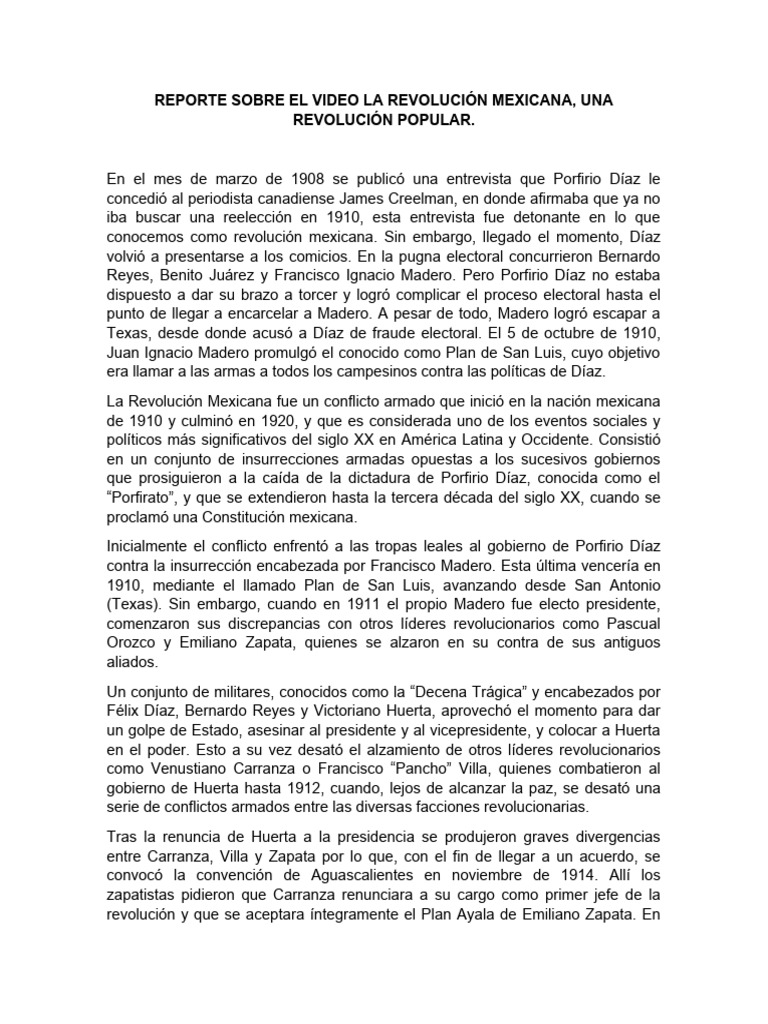 REPORTE SOBRE EL VIDEO LA REVOLUCIÓN MEXICANA | PDF | revolución mejicana | México