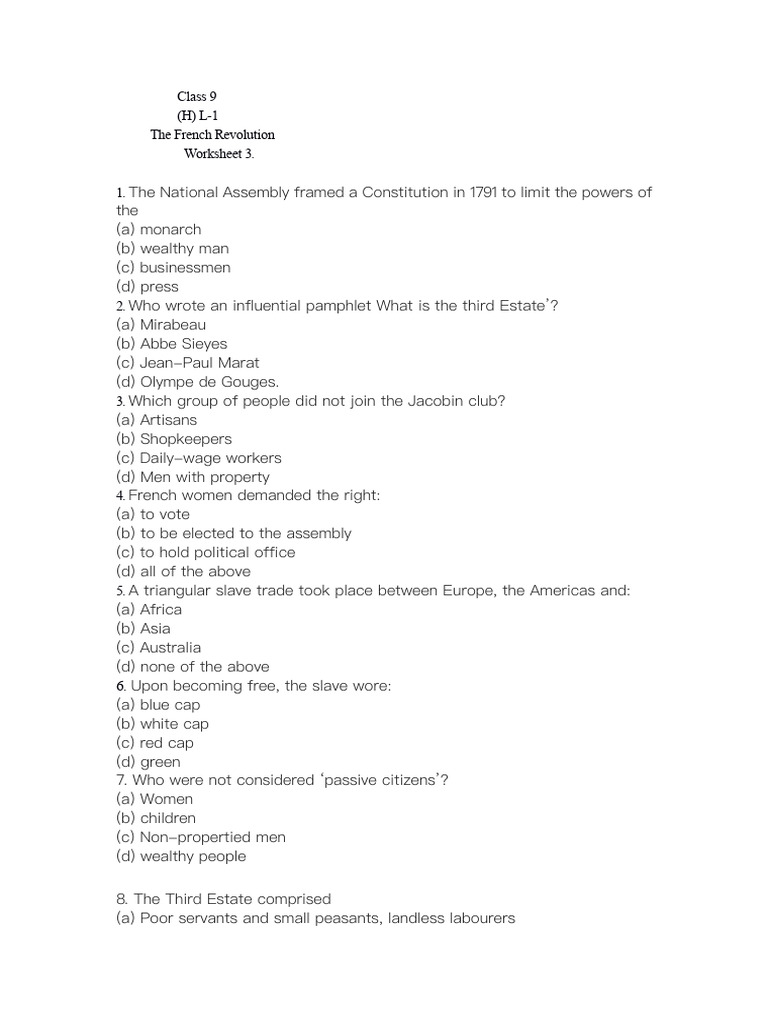 Class 9 french worksheet | PDF | French Revolution | Taxes