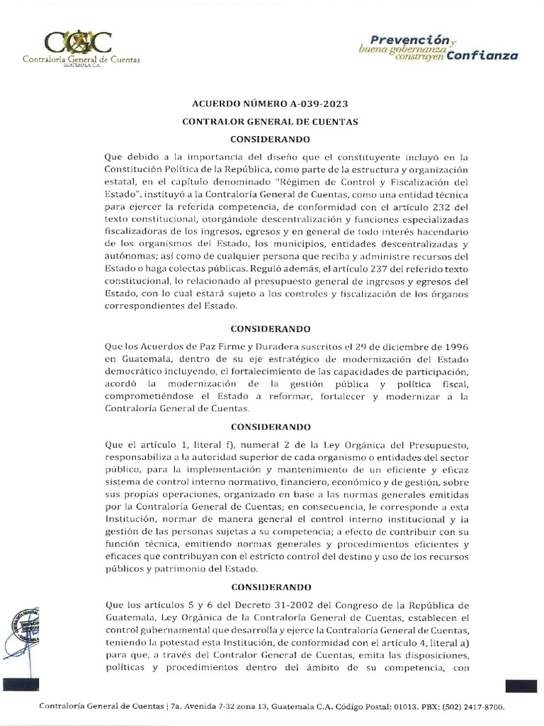 Acuerdo Numero A 039 2023 y Normas Generales y Tecnicas de Control Interno Gubernamental SCAN | PDF