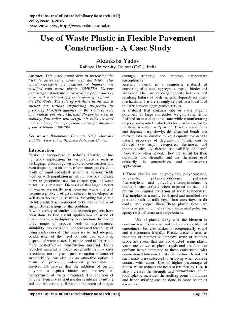 use fo waste plastic in road construction | PDF | Plastic | Concrete