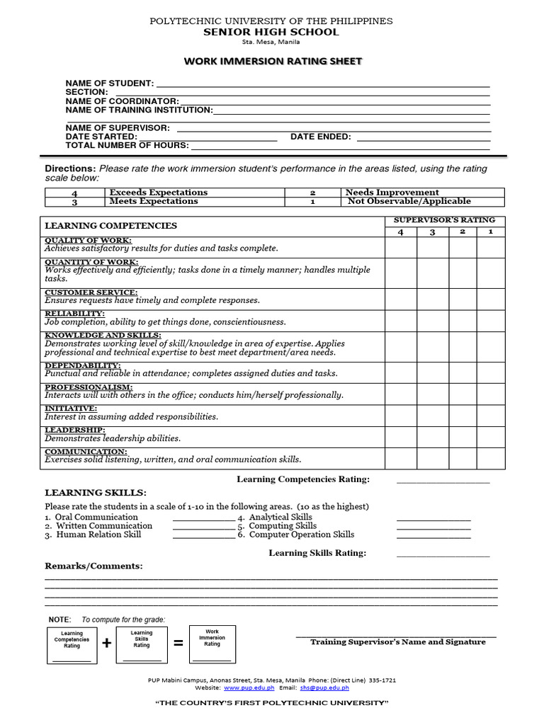 PUP Work Immersion Rating Sheet | PDF | Leadership | Cognitive Science