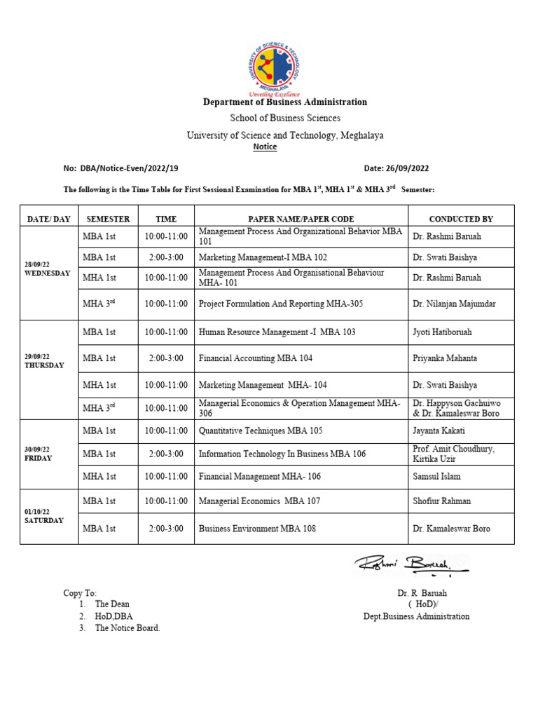 First Sessional Time Table 2022 Mba - 1, Mha-1, & Mha-3 | PDF | Master ...