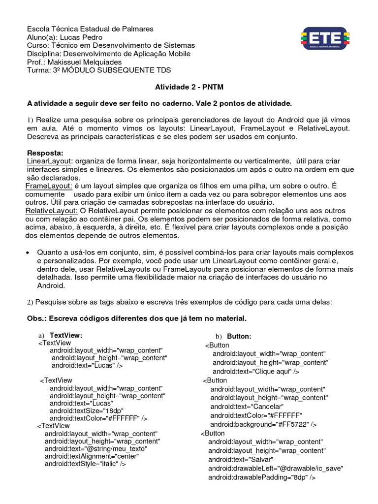 Atividade 2 - PNT Mobile. RESPOSTAS | PDF | Android (sistema operacional) | Informática