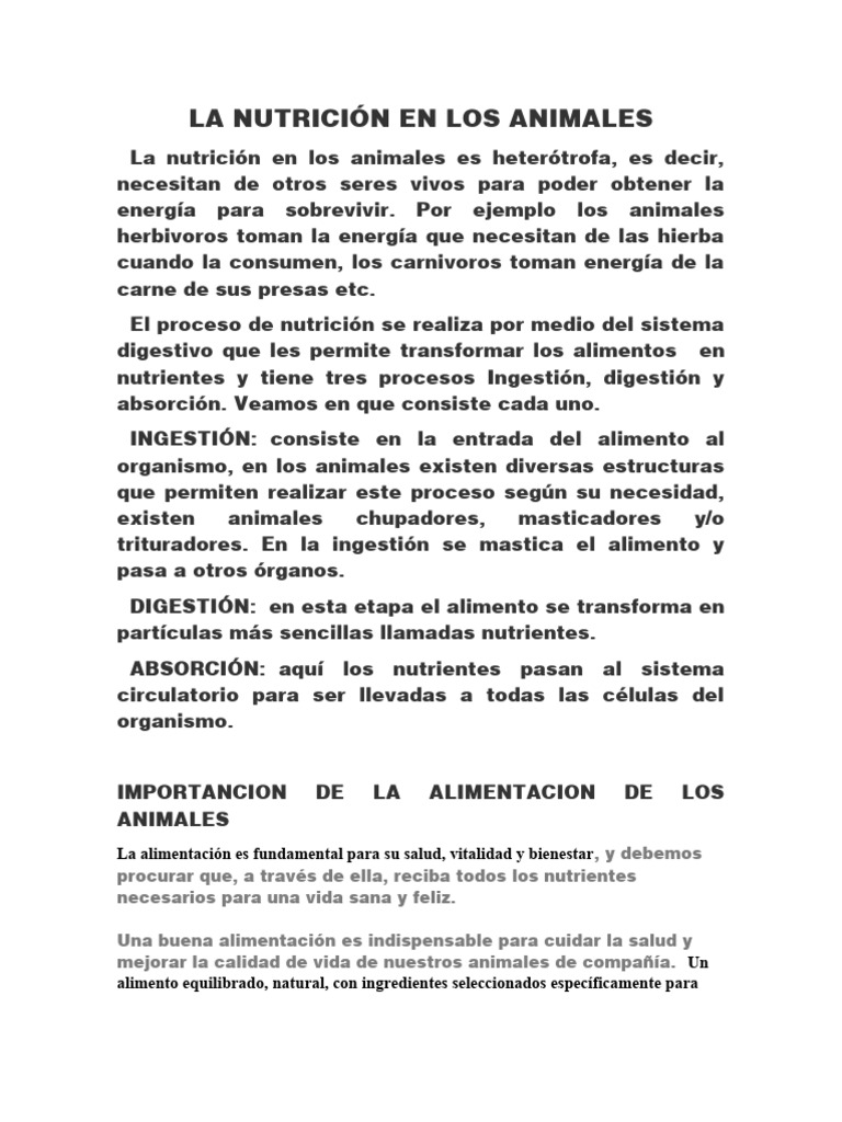 La Nutrición en Los Animales | PDF | Nutrición | Dieta y nutrición
