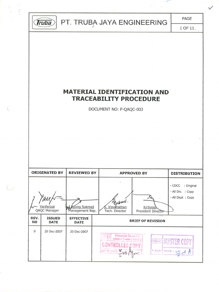 P-T3109-Qaqc-003 - Material Odentification and Tracebility Procedure | PDF