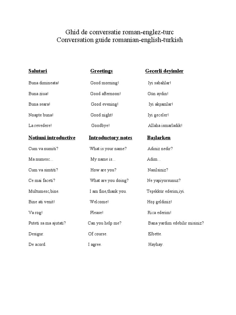 Ghid de Conversatie Roman-Englez-turc | PDF