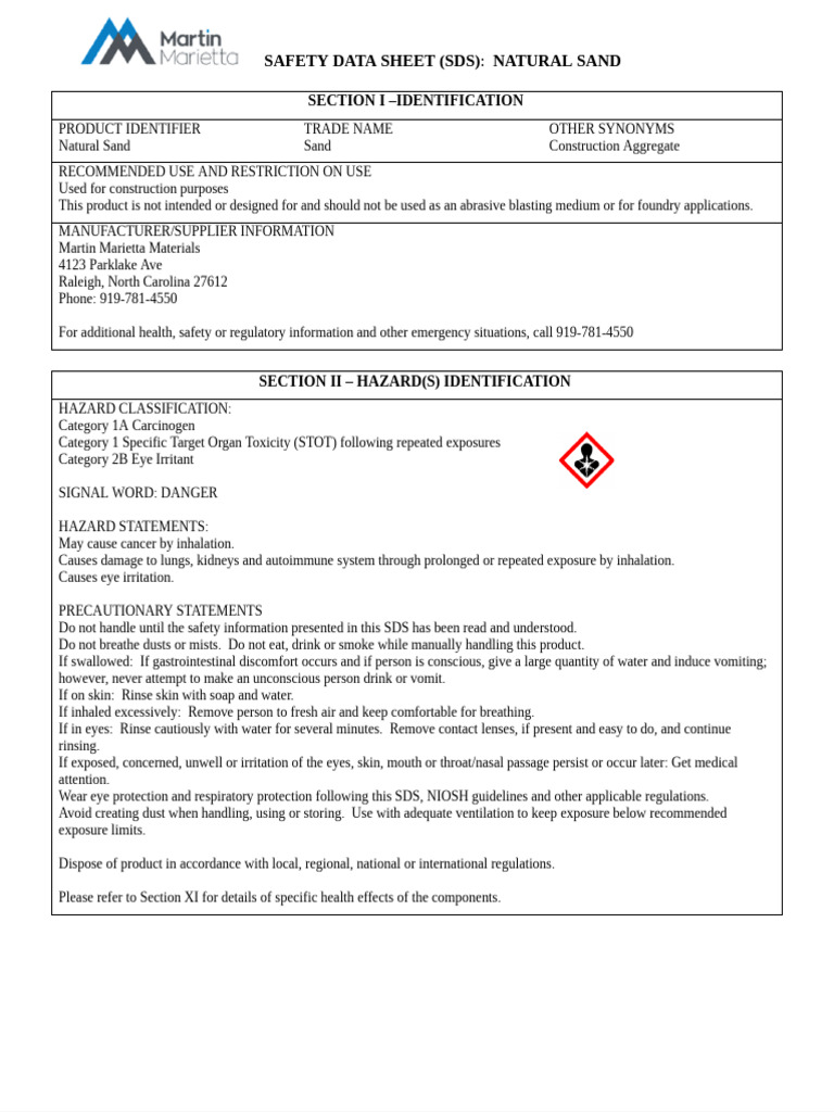MSDS Natural-Sand-Sds-June-2018 | Download Free PDF | Working ...