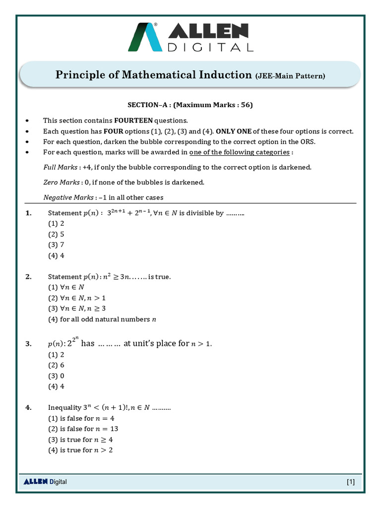 JEE-Main Math Induction Quiz | PDF | Mathematical Logic | Abstract Algebra