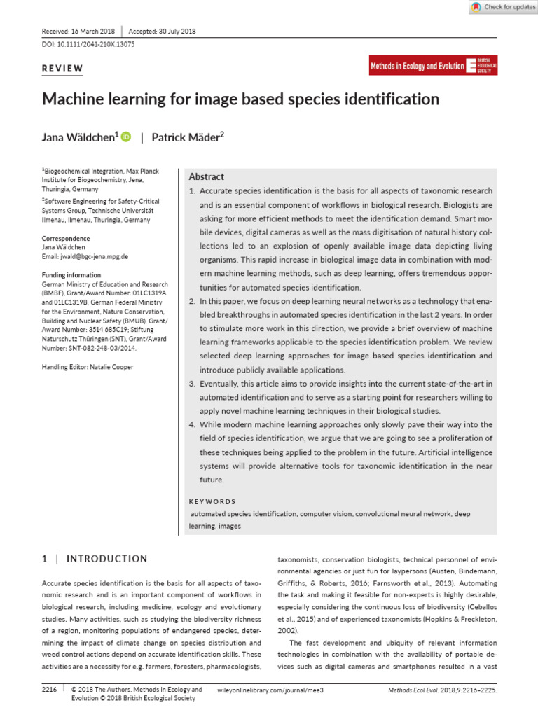 Methods Ecol Evol - 2018 - Wäldchen - Machine Learning For Image Based ...