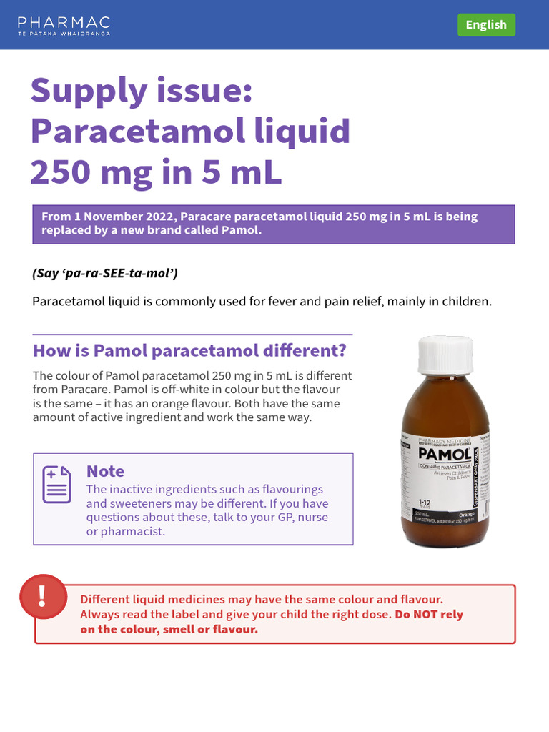 Paracetamol Liquid 250 MG in 5 ML Supply Issue English Factsheet | PDF ...