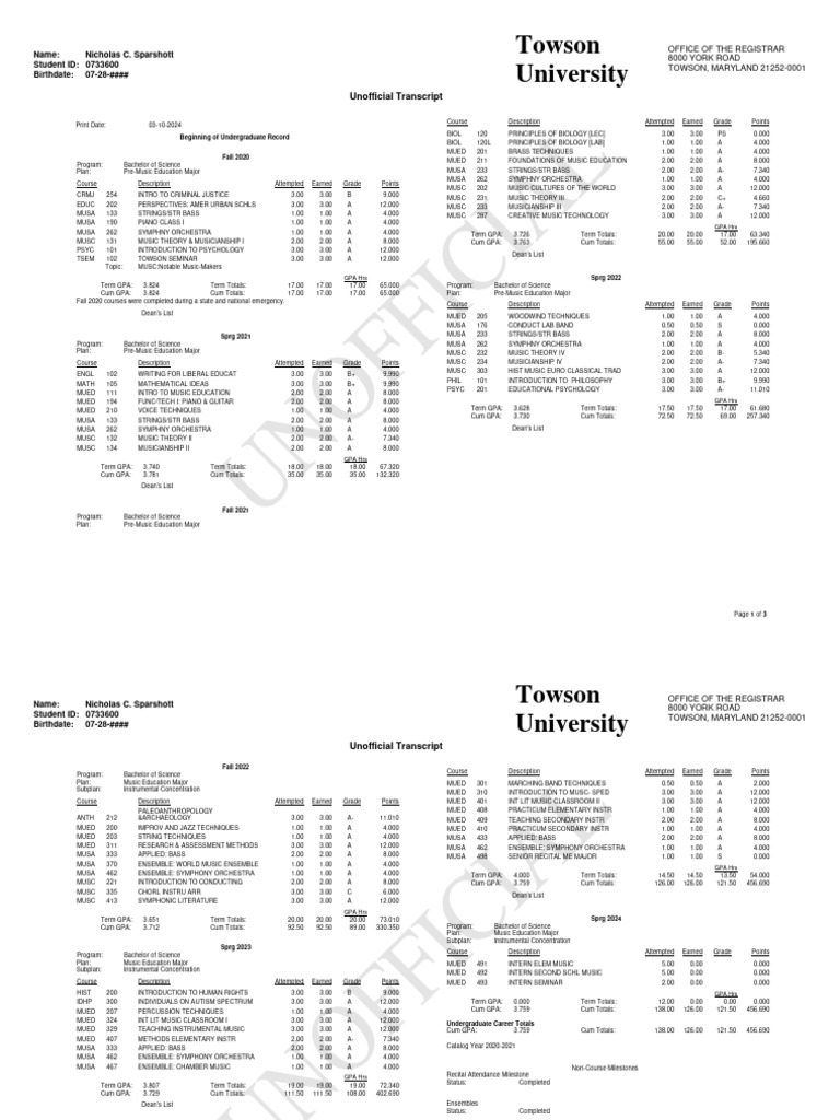 Music Education Student Transcript Pdf Musicology Performing Arts