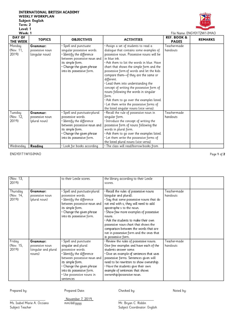 English Year 1 Lesson Plan | PDF
