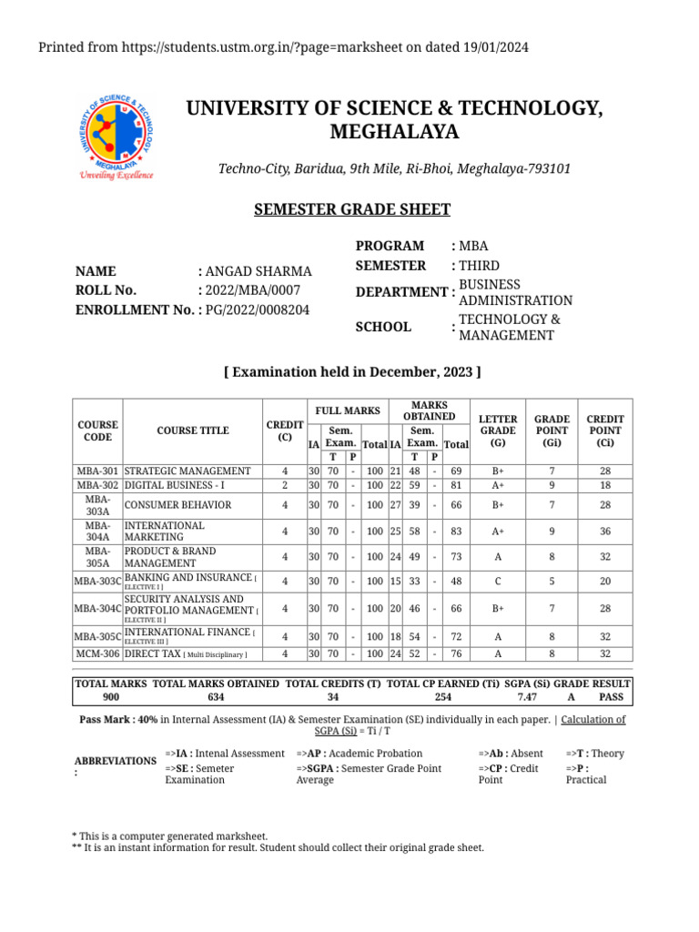 3rd Semester Marksheet | PDF | Master Of Business Administration | Academic Term