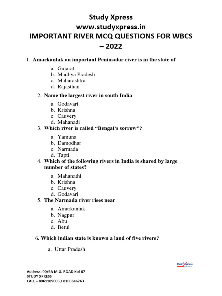 Important River MCQ Questions For WBCS | PDF | Environmental ...