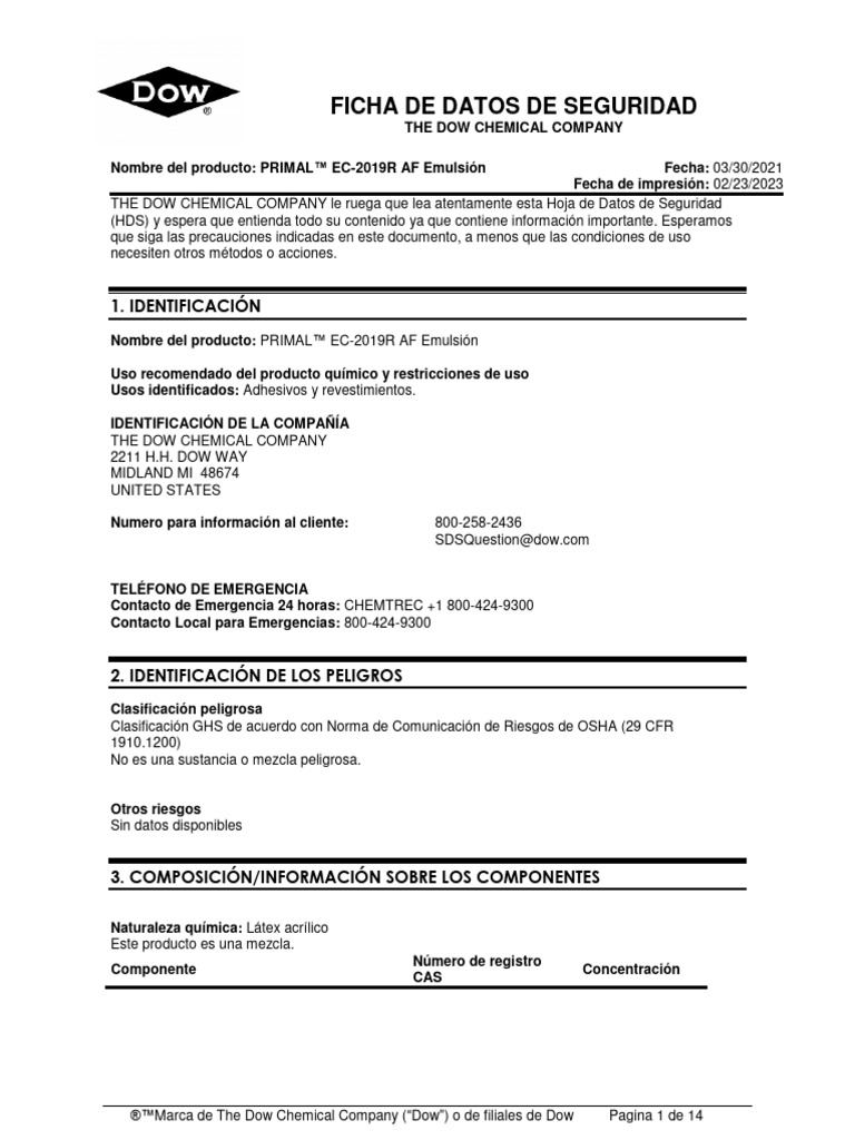 PRIMAL EC-2019 R AF Emulsion Polymer-Safety Data Sheet-ES | Descargar ...