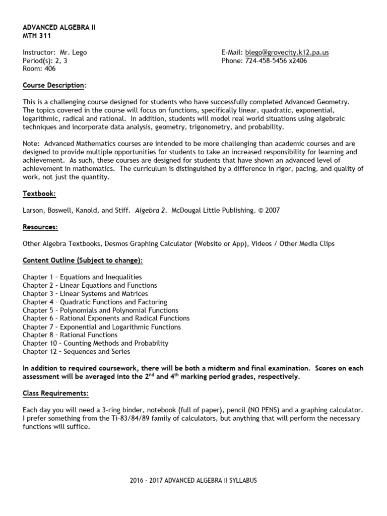 Advanced Algebra II Syllabus 2016-2017 | PDF | Algebra | Equations