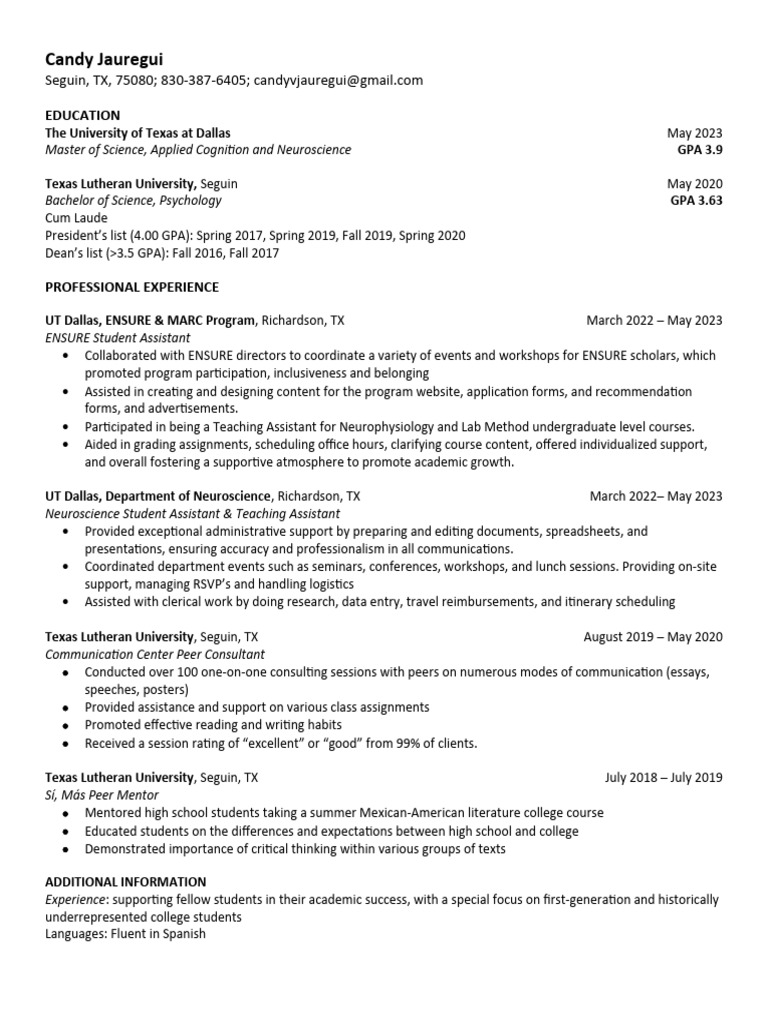 Jauregui Candy Resume | PDF | University Of Texas At Dallas