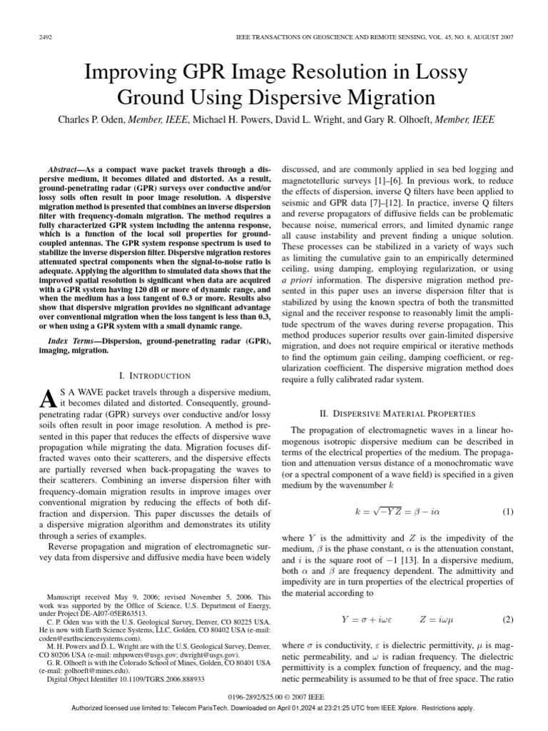 Improving GPR Image Resolution in Lossy Ground Using Dispersive ...