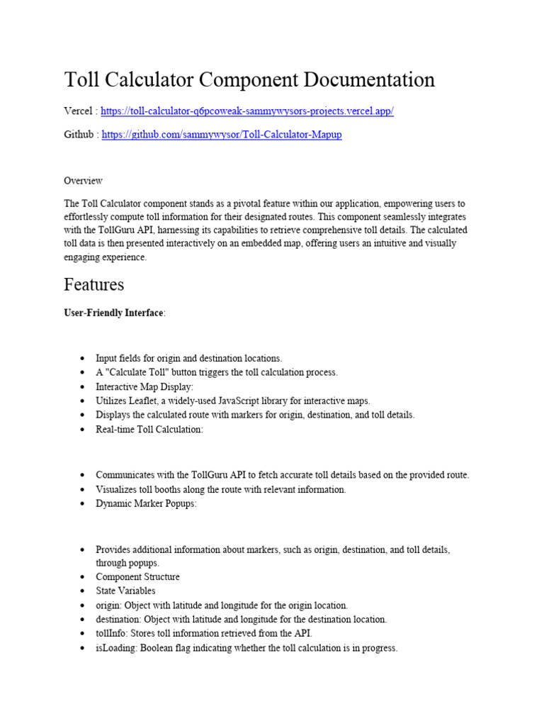 Toll Calculator Component Documentation | Download Free PDF | Software Development | Computer ...