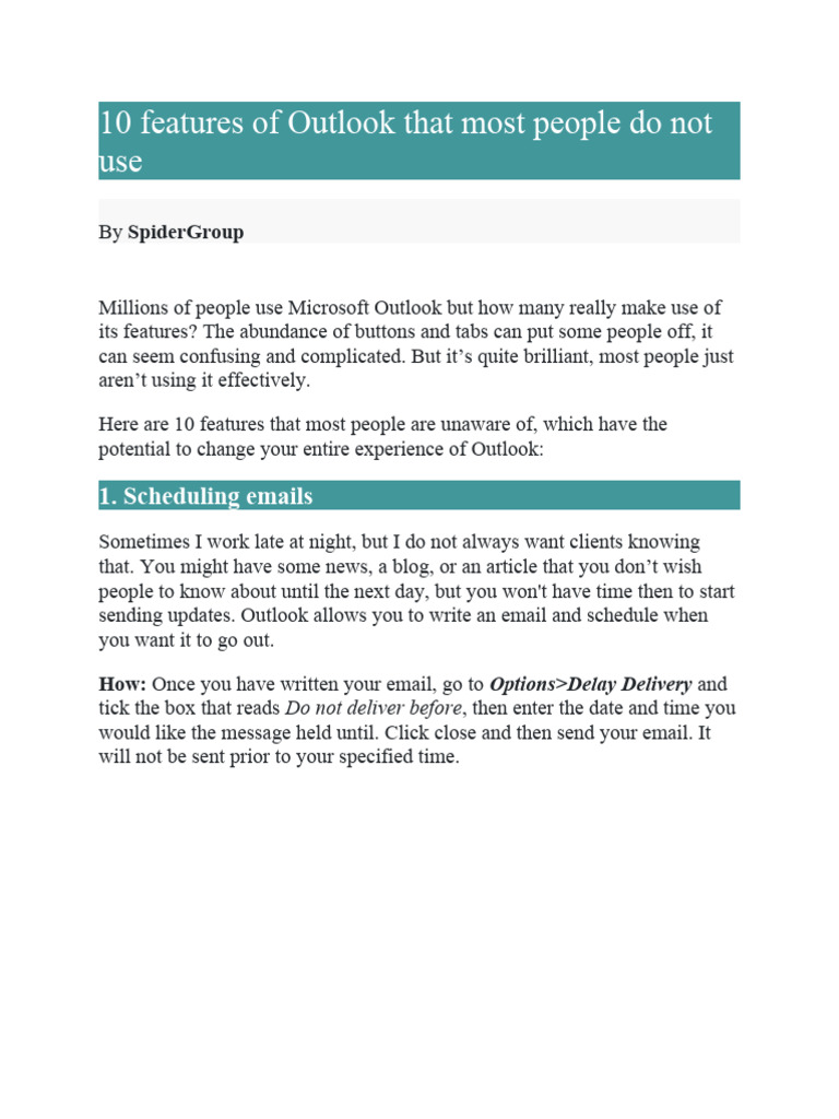 10 features of Outlook | PDF | Microsoft Outlook | Software