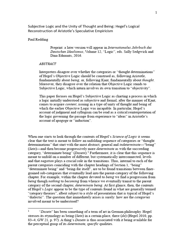 Subjective_Logic_and_the_Unity_of_Though | PDF | Georg Wilhelm Friedrich Hegel | Immanuel Kant
