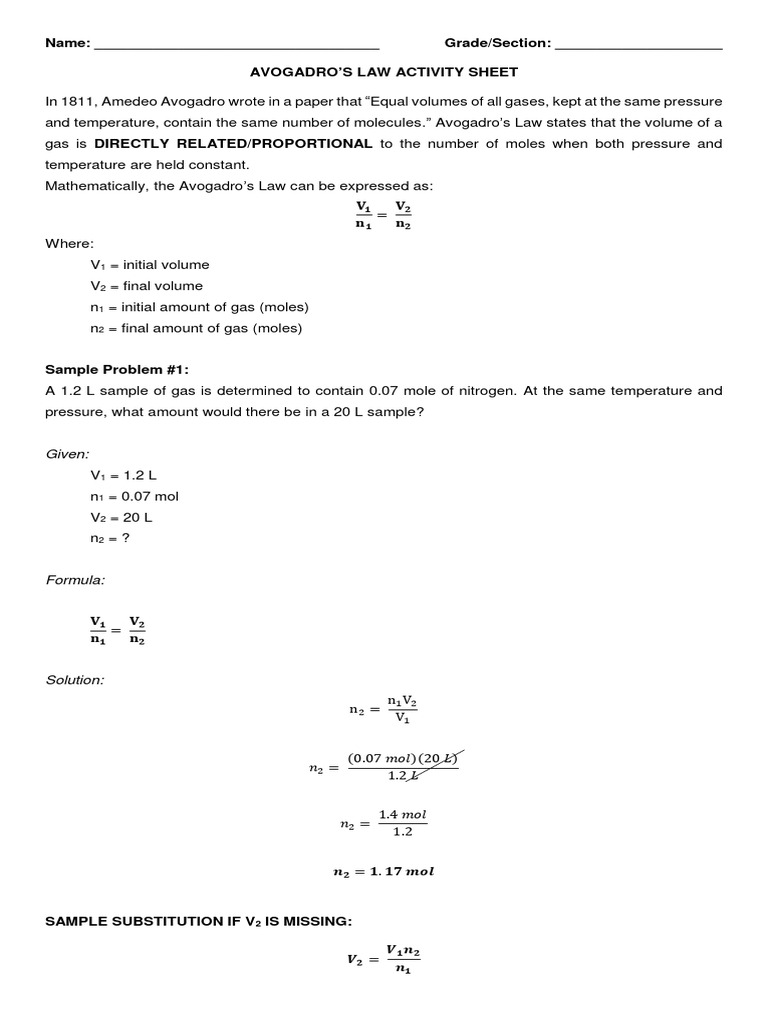 Avogadro's Law Activity Sheet | PDF | Gases | Mole (Unit)